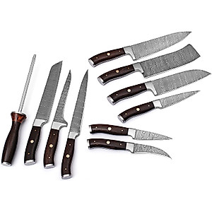Handmade Damascus Kitchen Chef Knife Set - Professional Damascus Steel Knife Set - 10 pcs Japanese Damascus Knife Set With Leather Bag/Case(10801)