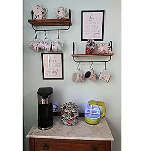 YCOCO Coffee Cup Holder,Set of 2 Rustic Wall Mounted Coffee Mug Rack with 10 Hooks Coffee Bar Accessories Wood Tea Cup Hanger for Organizing Cooking Utensils,Home Kitchen Coffee Station Decor