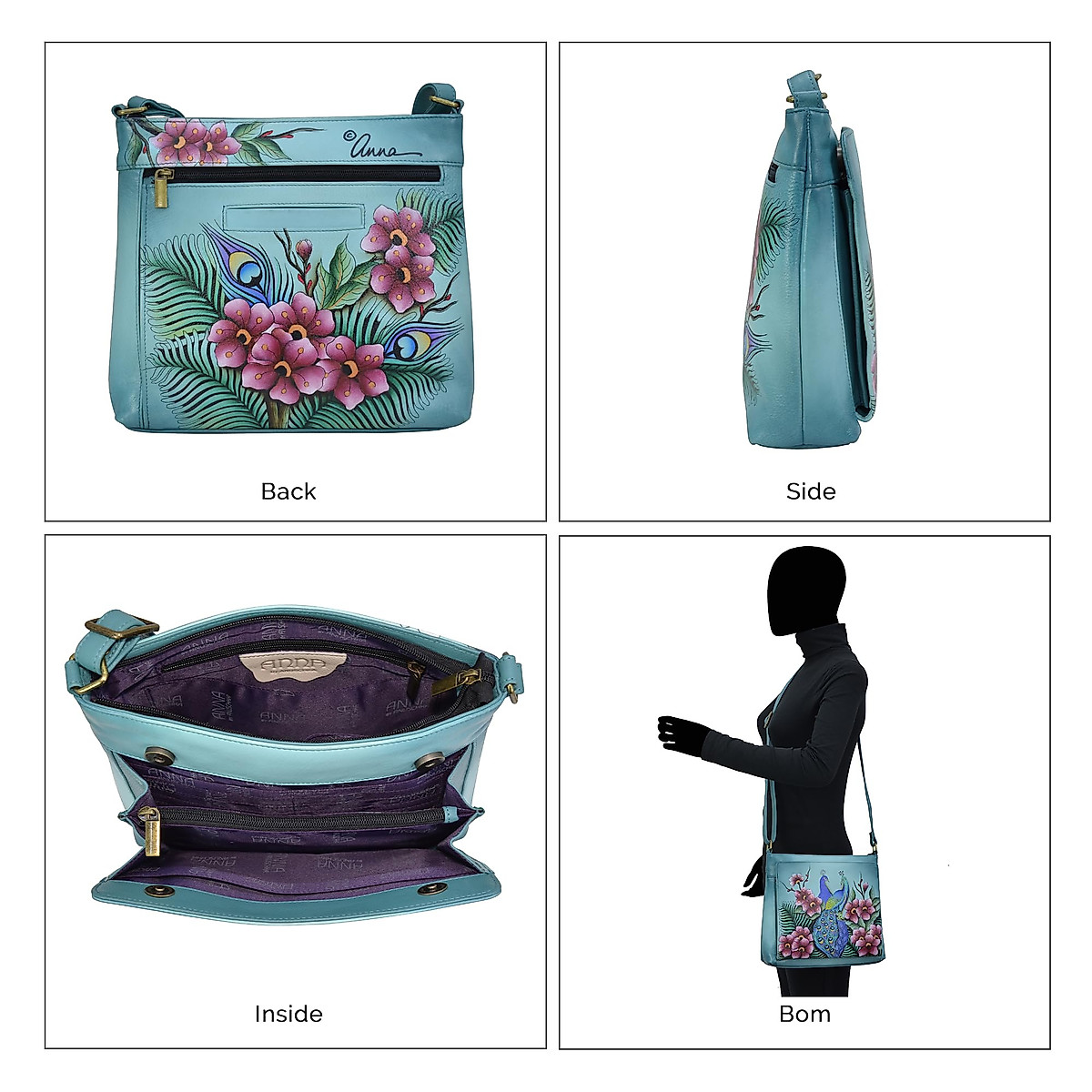 Anna by Anuschka womens Anna Anuschka Women s Genuine Leather Crossbody Organizer Hand Painted Exterior Peacock Lov, Peacock Love, One size US