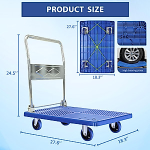 Aysiofdy Foldable Platform Truck｜440 lbs Weight Capacity Hand Truck｜Push Cart Dolly with 360 Degree Swivel Wheels｜Push Cart on Wheels for Easy Storage and Loading｜Blue