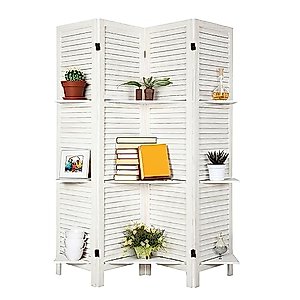 ECOMEX 4 Panel Room Divider with Shelves 5.6Ft Tall Folding Privacy Screens Room Dividers for Bedroom Home Double Hinged Wooden Room Dividers and Room Separator, White