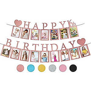 Sweet 16 Birthday Decorations Photo Banner in Rose Gold Pre-assembled - Sweet 16 Banner WITH Sixteen Photo Card Frames Party Supplies - Happy 16th birthday decorations for girls with 16 Signs