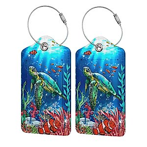 Set of 2 Luggage Tag for Suitcase, Cute Unique Leather Baggage Tags Identifiers Privacy Cover Id Label with Stainless Steel Loop for Women Men Kids Girls Travel, Sea Turtle