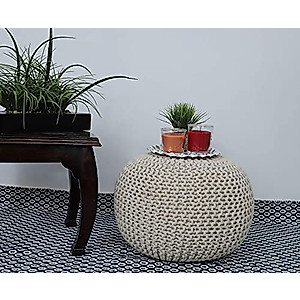 FRELISH DECOR Round Pouf Ottoman Hand Knitted Cotton Poufs Footrest,Foot Stool, Knit Bean Bag Floor Chair for Bed Room Living Room | Accent Seat | Boho Decor | Stuffed Pouffe (20x20x14 Inch, Natural)