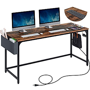 Rolanstar Computer Desk with Power Outlet, 63” Home Office PC Desk with USB Ports Charging Station, Desktop Table with Side Storage Bag and Iron Hooks, Stable Metal Frame Workstation, Rustic Brown