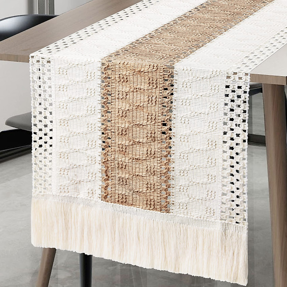 Boho Table Runner, 72 Inch Macrame Boho Fall Decor Table Runner, Natural Farmhouse Burlap Table Runners for Home Thanksgiving Fall Table Decorations