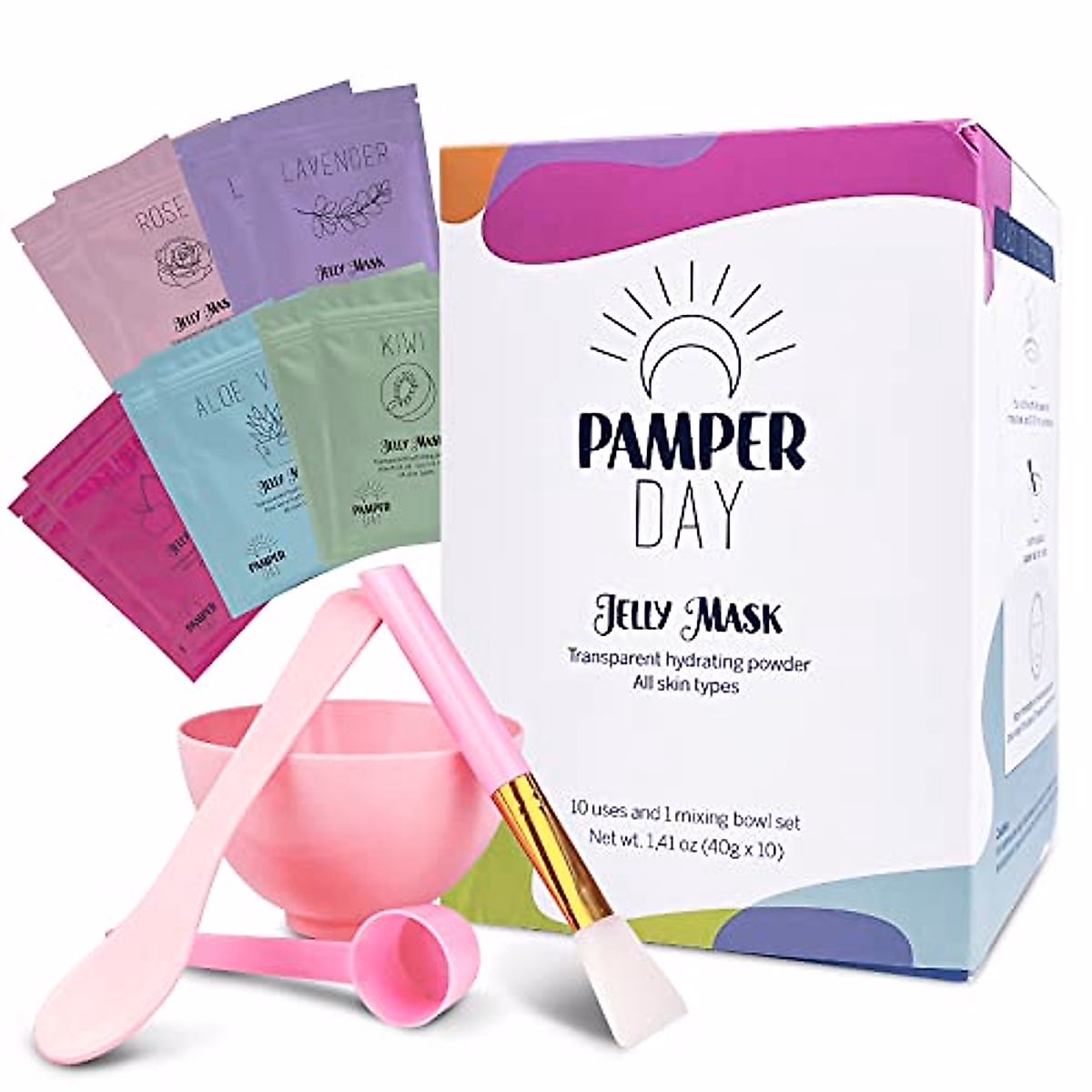 Pamper Day - Jelly Masks for Facials, Peel Off Face Mask Bundle Kit, Jelly Mask Facial Kit for Skin Care, Spa Mask Set With 10 Fruit Peel Masks, Silicone Brush, Mixing Bowl, Spatula, & Measuring Spoon