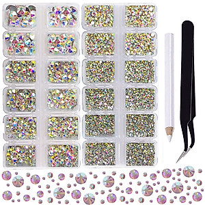 2-Box Massive Beads 8000pcs 6Sizes Nail Art Flatback Glasses Rhinestones Crystal for DIY Project with Tweezers and Picking Pen for Nail Art, Face Art, Manicure (Crystal AB, 6 Sizes)