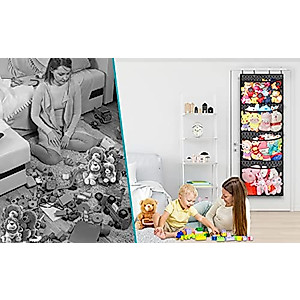 Melpler Stuffed Animal Storage - Stuffed Animal Holder, Hanging Stuffed Animal Organizer for Nursery, Over the Door Organizer for Stuffies, Toy Plush Storage with 4 Hooks 3 Support Rods(Grid Black)