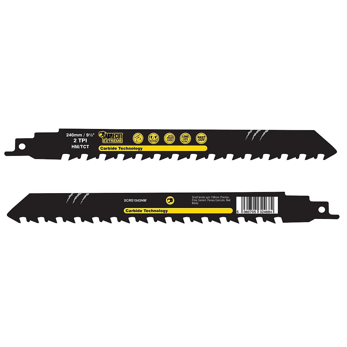 2 x SabreCut SCRS1543HM_2 Tungsten Carbide 9 29/64" (240mm) 2 TPI S1543HM Small Bricks Poroton Fibre Cement Concrete Straight Cutting Reciprocating Sabre Saw Compatible with Bosch Dewalt and others