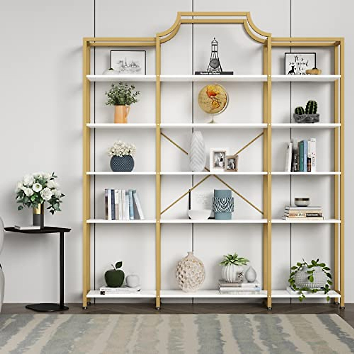 Auromie Triple Wide 5-Tier Bookshelf, 70.87" L x 79.13" H Extra Large Gold Bookcase, Tall Display Shelf with Metal Frame, Freestanding Etagere Storage Display Shelf for Home Office, White Gold