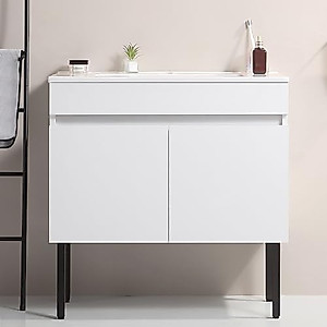 QuixotYDDZ 36 Inch Bathroom Vanity, Modern Freestanding Bathroom Vanity Cabinet with Ceramic Vessel Sink, Rubber Wood Bathroom Storage Cabinet with Top Basin and Metal Legs, White(No Faucets)