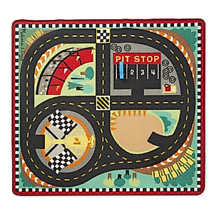 Melissa & Doug Round the Speedway Race Track Rug With 4 Race Cars (39 x 36 inches) , Black