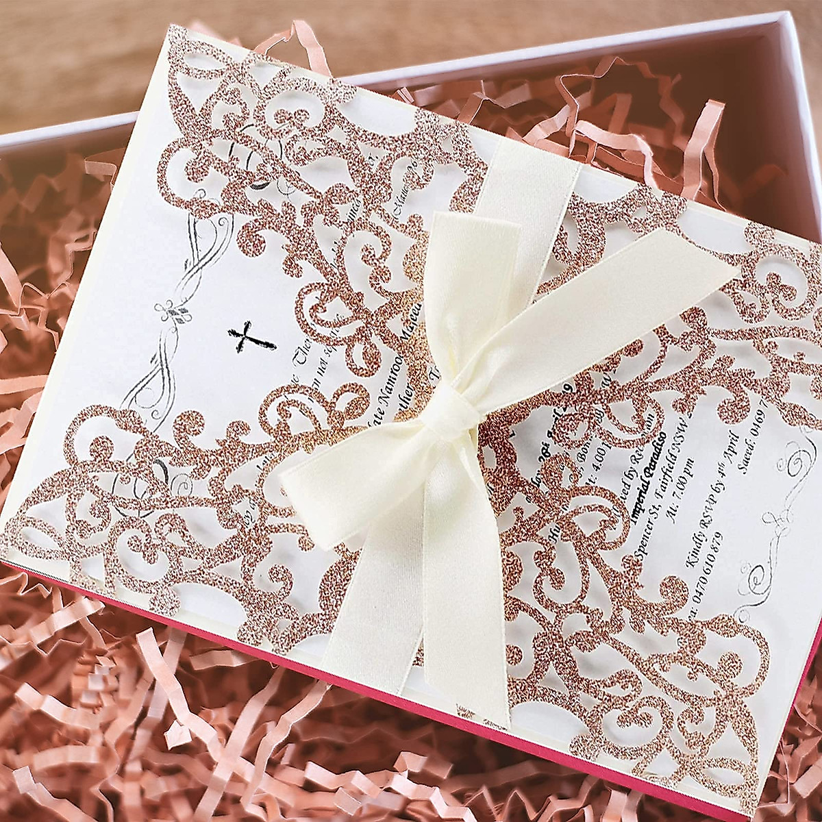 KALOPEZY 50PCS Wedding Invitation,Rose Gold invitations,Gold Powder Floral Laser Cut with Blank Inner Sheet, Envelopes and Ribbons for Party Wedding Engagement Bridal Bridal Shower Invite (Rose Gold)