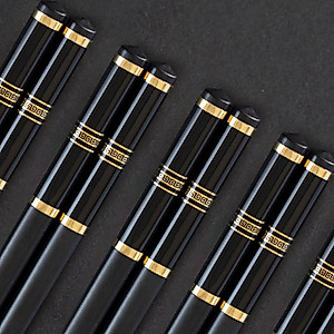 Chopsticks Reusable 5 Pairs Fiberglass Chopsticks Dishwasher Safe Square Lightweight Non-Slip Chop Sticks Set (golden-1)