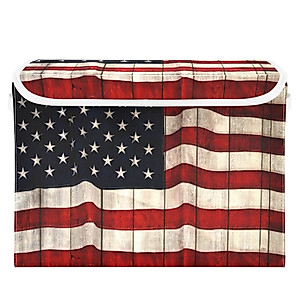 Gredecor Large Storage Basket Bins with Lid American Flag Wooden Pattern Storage Boxes Organizer with Handle 16.5"x12.6"x11.8" Collapsible Storage Cube for Toys Bedroom Nursery Home