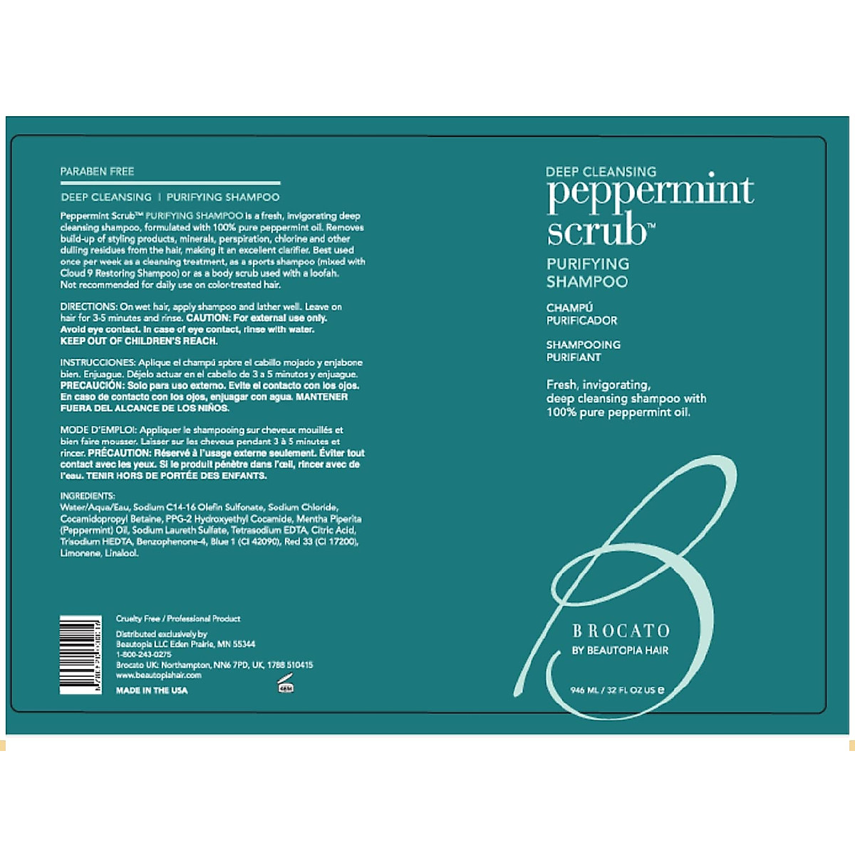 Brocato Peppermint Scrub Purifying Shampoo: Lightweight with Pure Peppermint Oil, Ideal for Oily to Normal Hair Types - Sulfate & Paraben Free, 32oz