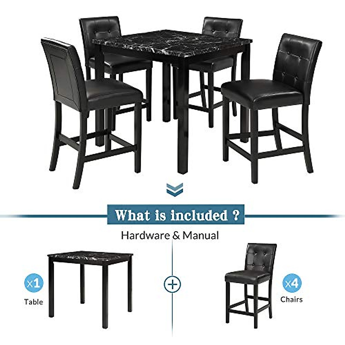 5-Piece Dining Table Set, Counter Height Kitchen Table Set, Faux Marble Top Dining Table with 4 Black Upholstered Chairs, Black