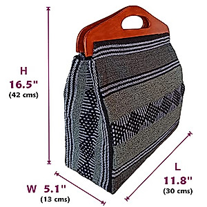 MEXICANDOO Set of Authentic Mexican Handcrafted Woven Handbag with Wooden Handles and Matching Clutch Bag for Women or Girls. Casual Purse, Bohemian, Boho, Sarape, Baja, Aztec, Summer, Beach (Black)