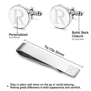 LOYALLOOK Classic Engraved Initial Cufflinks and Tie Clip Bar Set Alphabet Letter Formal Business Wedding Shirts R