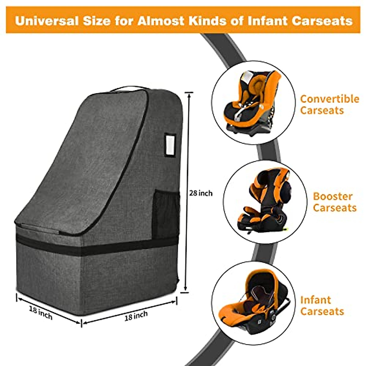 TINY GOGO Car Seat Travel Bag, Infant Car Seat Bags for Air Travel Gate Check, Large Durable Travel Car Seat Cover Carrier Backpack with Padded Shoulder Strap, Dark Linen Grey