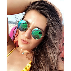 HJSTES Round Polarized Sunglasses Womens Men Retro Circle Lennon Glasses Hippie Shades(Gold/Green Mirrored)