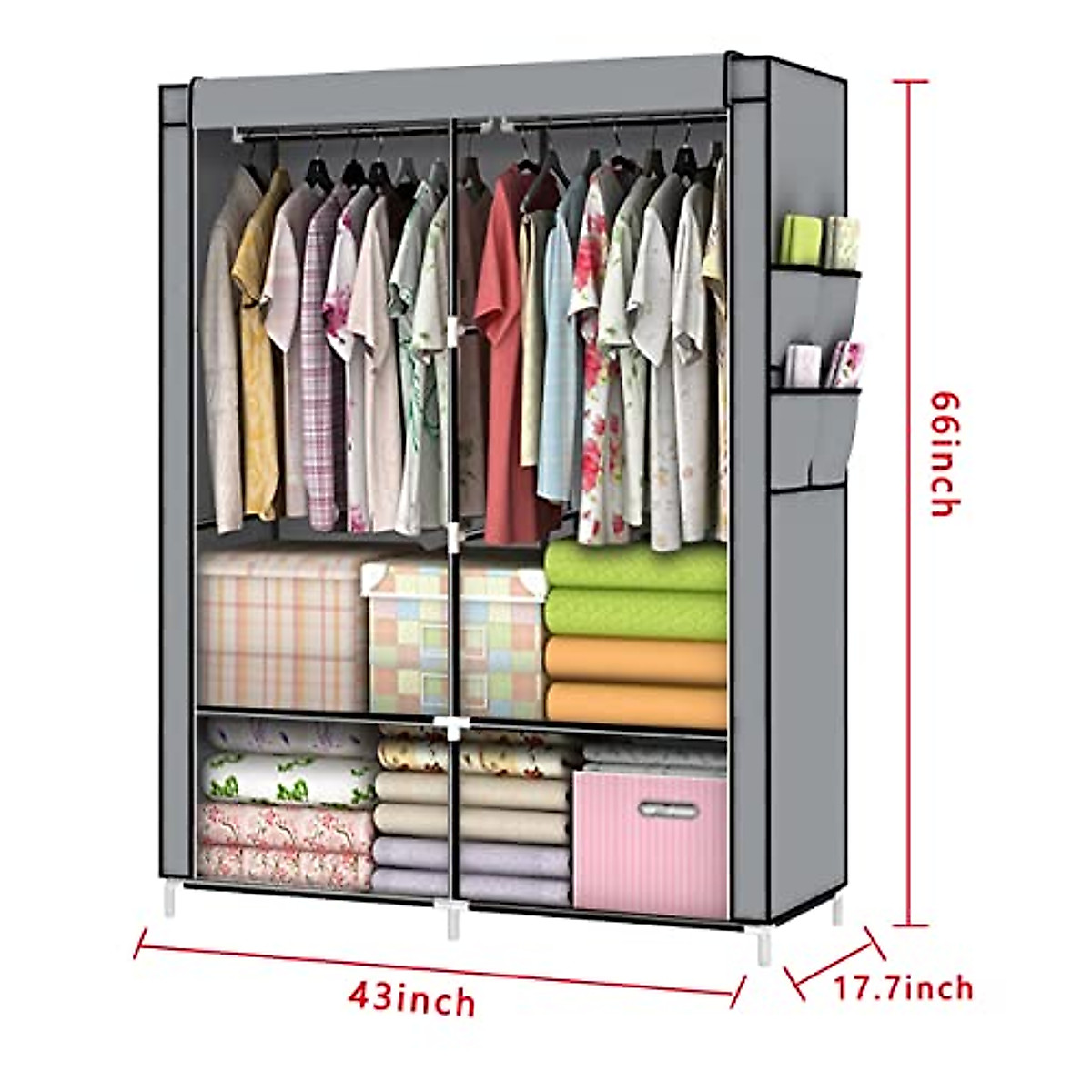 YOUUD Wardrobe Storage Closet Clothes Portable Wardrobe Storage Closet Portable Closet Organizer Portable Closets Wardrobe Closet Organizer Shelf Wardrobe Clothes Organizer Standing Closet Grey