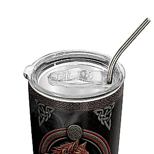 20oz Viking Celtic Fire Wolf Tumbler, Norse Mythology, Viking Gifts for Men, Coffee Thermos for Men, Stainless Steel Double Wall Vacuum Insulated Coffee Mug, Travel Cup with Lid