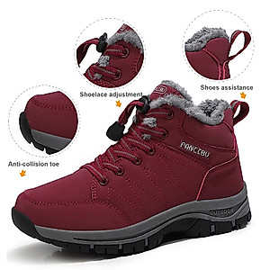 ZHNSHM Womens Winter Boots Casual Lightweight Waterproof Snow Boots Anti-Slip Fur Lined Trekking Backpacking Hiking Boots… Red