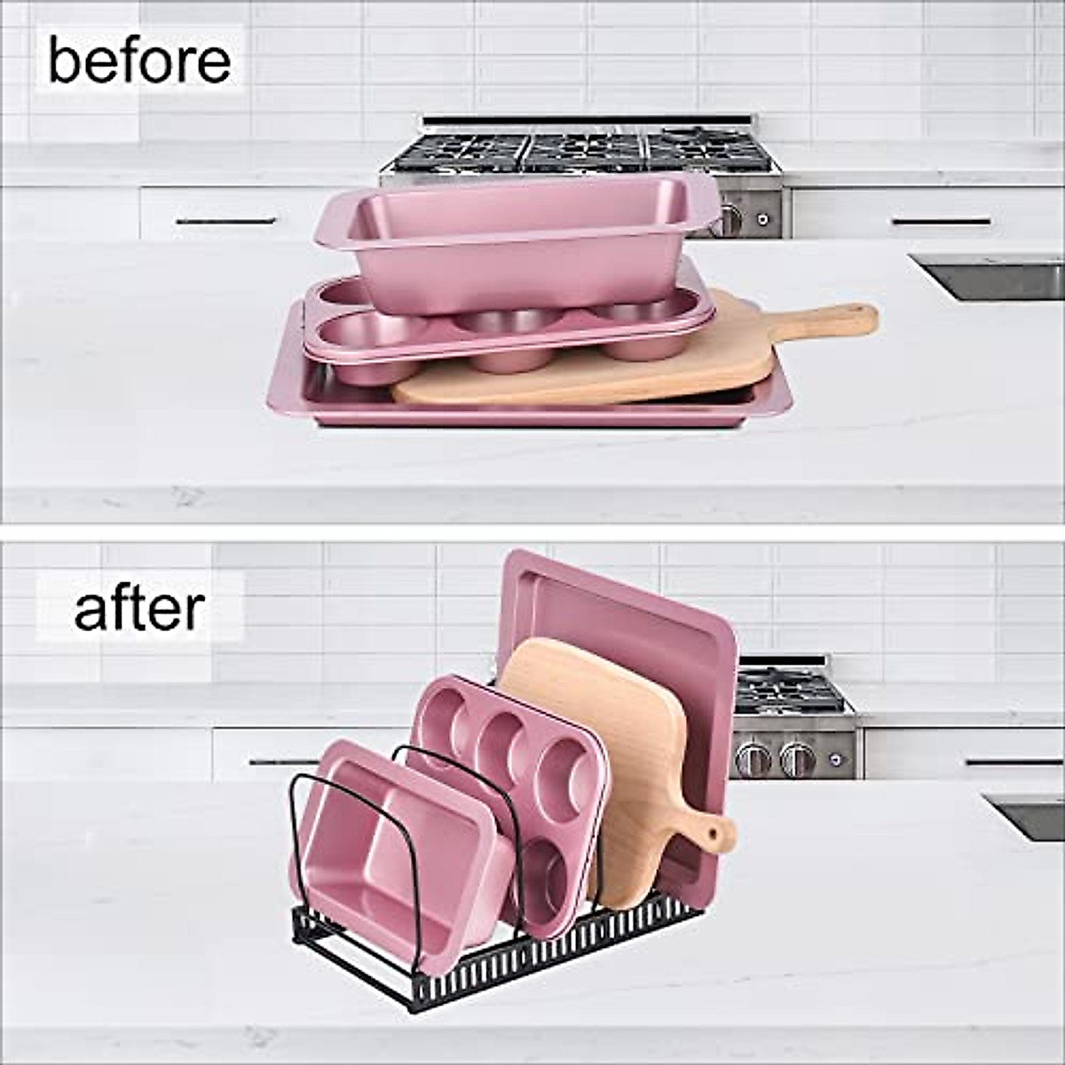 Toplife Adjustable 7+ Lids Organizer Rack + 10+ Bakeware Organizer Rack for Kitchen Cabinet and Counter, Black