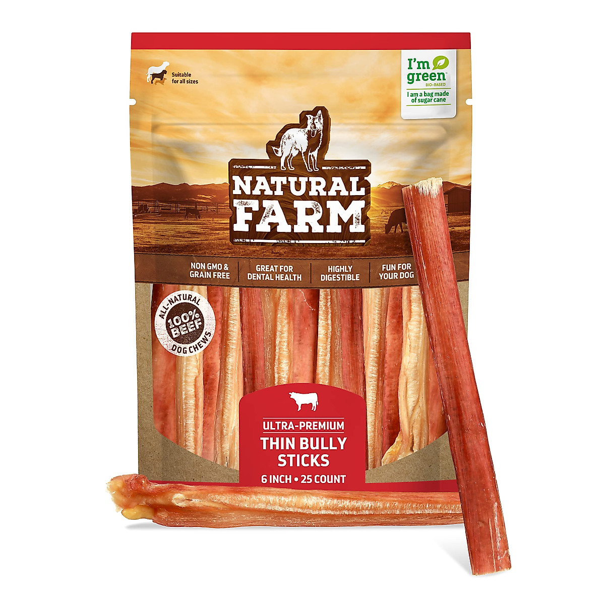Natural Farm Thin Bully Sticks (6 Inch, 25 Pack), Natural Dog Dental Treats, Grain-Free, Preservative-Free, Low-Fat, & Fully Digestible - Best for Small, Senior or Light Chewers