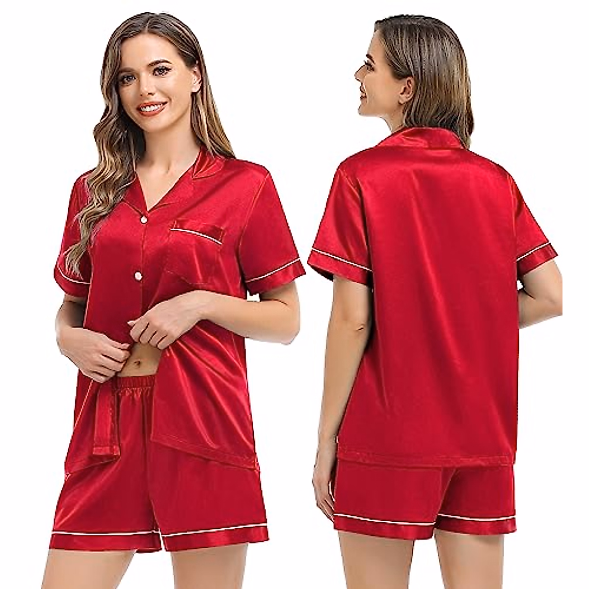 SWOMOG Womens Silk Satin Pajamas Short Sleeve Sleepwear Two-piece Loungewear Button-Down Pj Set Nightwear Red