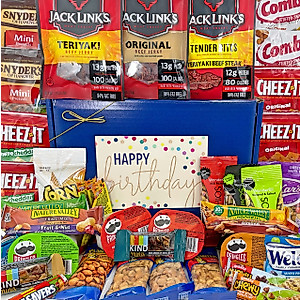 Birthday Snack Pack Gift Box Basket - Bundle of 44 Great Gifts - 8 Jerky, 9 Nuts / Trail Mix, 8 Bars, 13 Crunchy Salty Snacks, 6 Sweet Treats - Send Your Happy Birthday Wishes Today - Great for Dad, Husband, Coworker, Neighbor, Friend, Grandpa, Cousin, Un