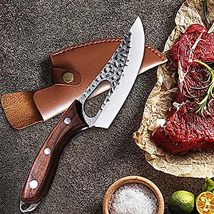 WXCOO Butcher Knife 5.9-INCH, Viking Knife Hand Forged Boning Knife with Leather Sheath & Sharpener, Kitchen Cleaver Meat knives for Home Outdoor BBQ Camping