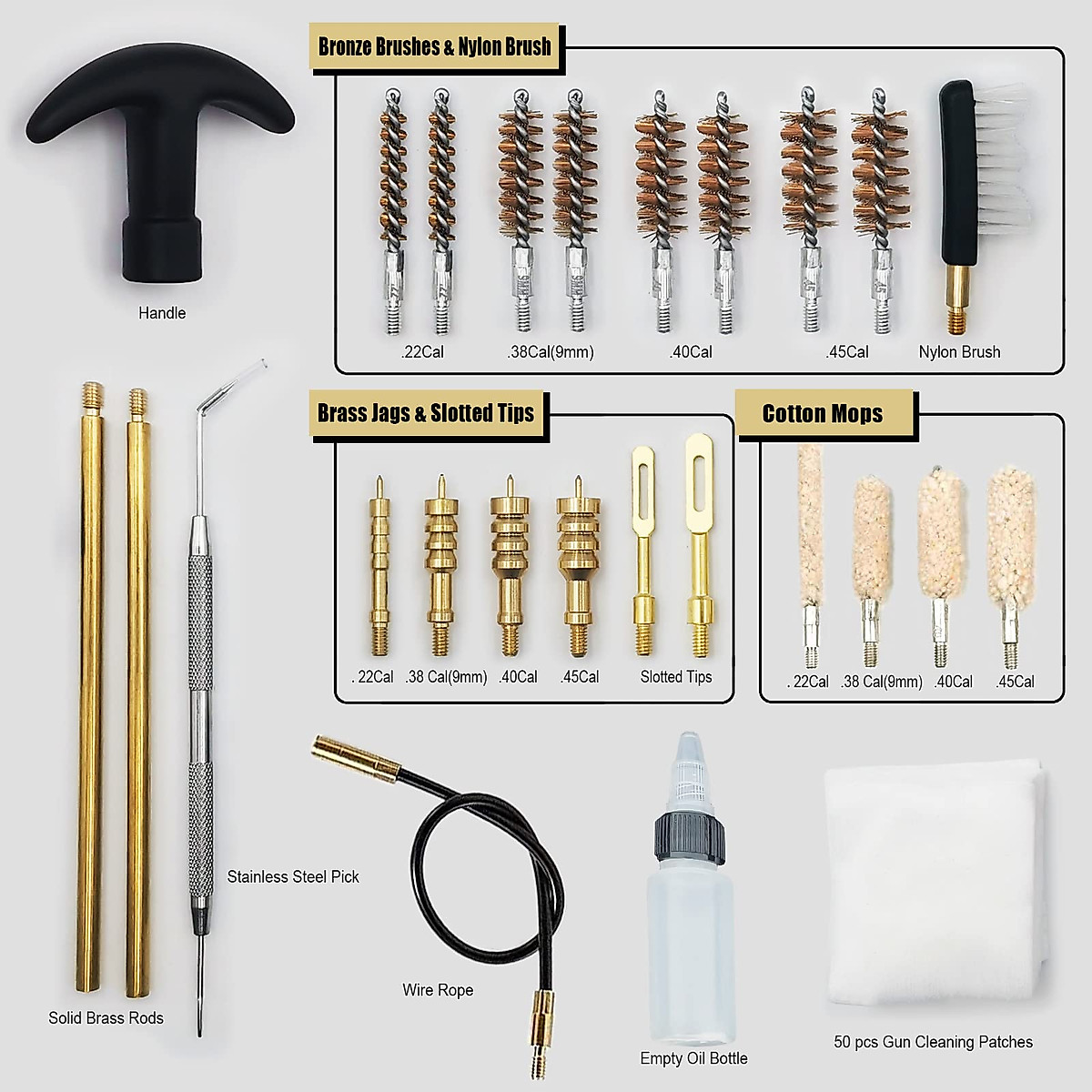 Angeebin Handgun Cleaning Kit for .22 .38/.357/9mm .40 .45 Caliber, Universal Pistol Gun Brush with Bronze Bore Brush, Brass Jag and Slotted Adapter (Set 26-Piece)