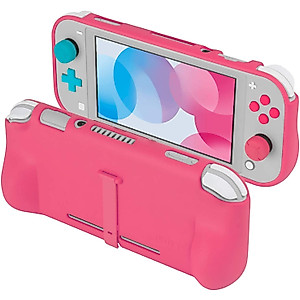 Orzly Grip Case Compatible for use with Nintendo Switch Lite – Case with Comfort Padded Hand Grips, Kickstand, & Pack of Thumb Grips - Pink