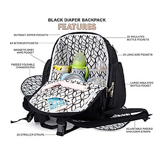 Diaper Bag backpack by Blissly for Baby Girls, Boys, Twins, Moms & Dads. 20 Total Pockets Including 4 Insulated Bottle Pockets, Wipe Pocket, Stroller Straps & Changing Pad