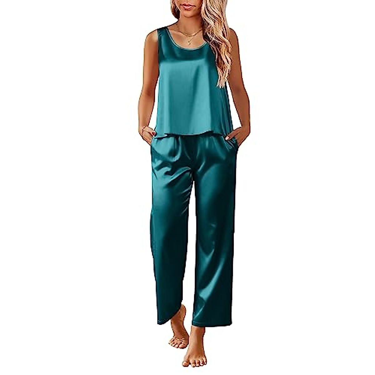 Ekouaer Silk Pajamas for Women Satin Tank Top With Satin Shorts Pjs Set Cute Sleepwear 2 Piece Lounge Sets Green