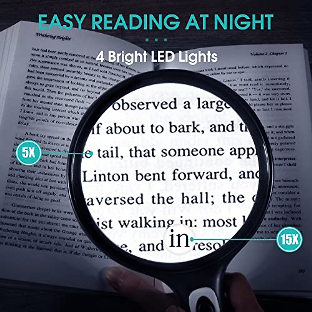 Magnifying Glass with Light, Large Magnifier 5X 15X Handheld Illuminated Lighted Magnifier with 4 LED Lights Storage Bag Clean Cloth for Seniors Reading, Inspection, Exploring