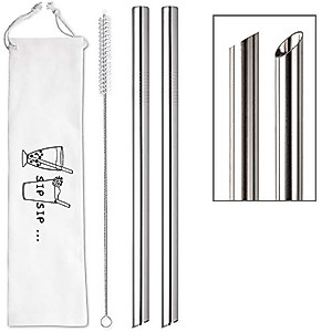 [Angled Tips] 2 Pcs Jumbo Reusable Boba Straws & Smoothie Straws, 0.5" Wide Stainless Steel Straws, Metal Straws for Bubble Tea/Tapioca Pearl, Milkshakes,Smoothies | 1 Cleaning Brush & 1 Case