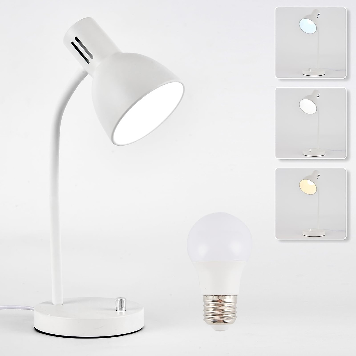 chaotack Metal Small White Desk Lamp,Adjustable Goose Neck Desk Lamps for Home Office Study Room Desks Bedroom Bedside Table Lamp with Free 7W LED Bulb,Eye-Caring Reading Lamps