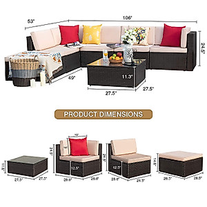 Homall 7 Pieces Patio Outdoor Furniture Sofa Set, All Weather PE Rattan Wicker Sectional Sets Modern Modular Couch Outside Conversation Set with Thick Cushions and Glass Coffee Table (Brown)