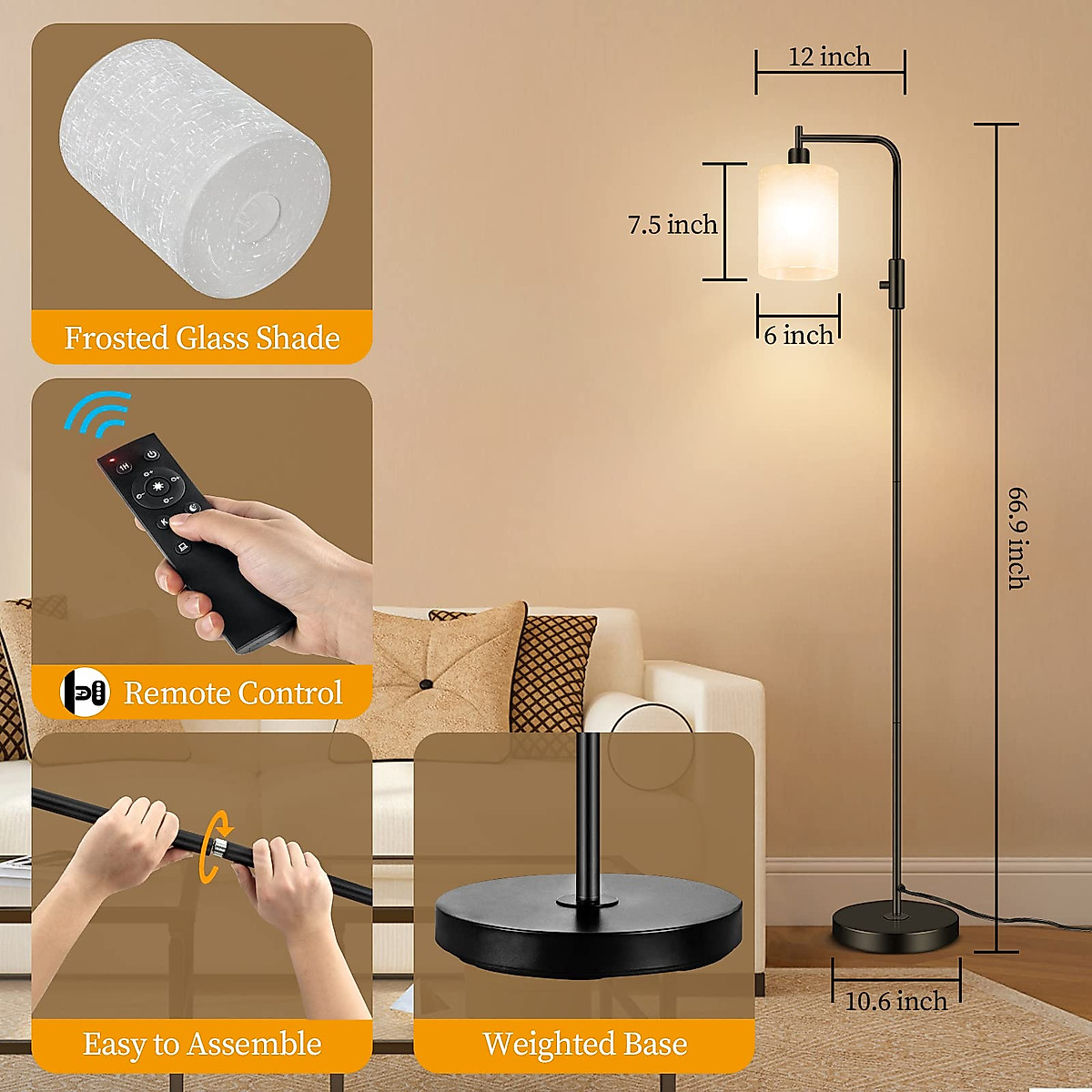 OUTON Modern Floor Lamp, Dimmable Industrial Floor Lamp with Remote Control, Stepless Color Temperature, Timer, LED Tall Stand Lamp with Hanging Frosted Glass Shade for Living Room, Bedroom, Office