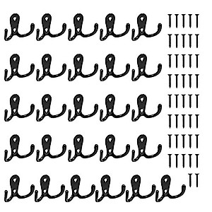 OUSHINAN 21 Pieces Double Prong Robe Hook Rustic Hooks Retro Cloth Hanger Coat Hanger Wall Mounted Hook with 42 Pieces Screws (Black Color)