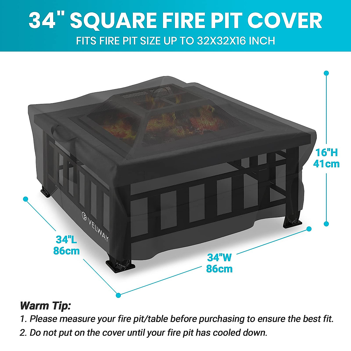 Velway Square Gas Fire Pit Cover - Outdoor Heavy Duty Patio Fire Pit Cover Fits for 28-34 Inch Waterproof Windproof Full Coverage Dustproof Anti UV&Tear Resistant, 34"x34"x16", Black