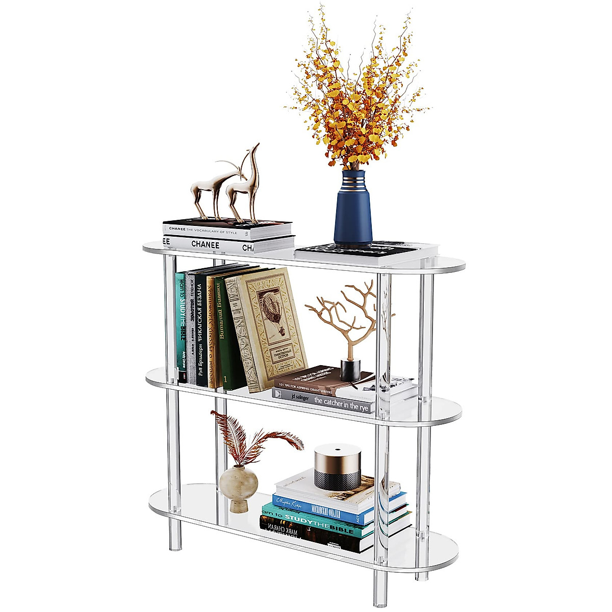 solaround Clear Bookshelf, Acrylic Bookcase with Open Book Shelf Console Table for Entryway Office Living Room Bedroom (3 Tier Clear)