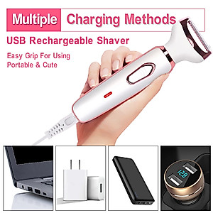 Electric Lady Shaver, Women Razors for Shaving Cordless 4-in-1 Painless Shaver for Women Face, Legs and Underarm, Portable Bikini Trimmer Wet & Dry Hair Removal, Cordless - Micro USB Rechargeable