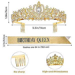 GINZU Birthday Queen Sash and Crystal Tiara Set, Gold Tiara and Crowns for Women Birthday Gift for Girl Kit Decorations Set Rhinestone Hair Accessories Glitter Stain Silk Sash for Party