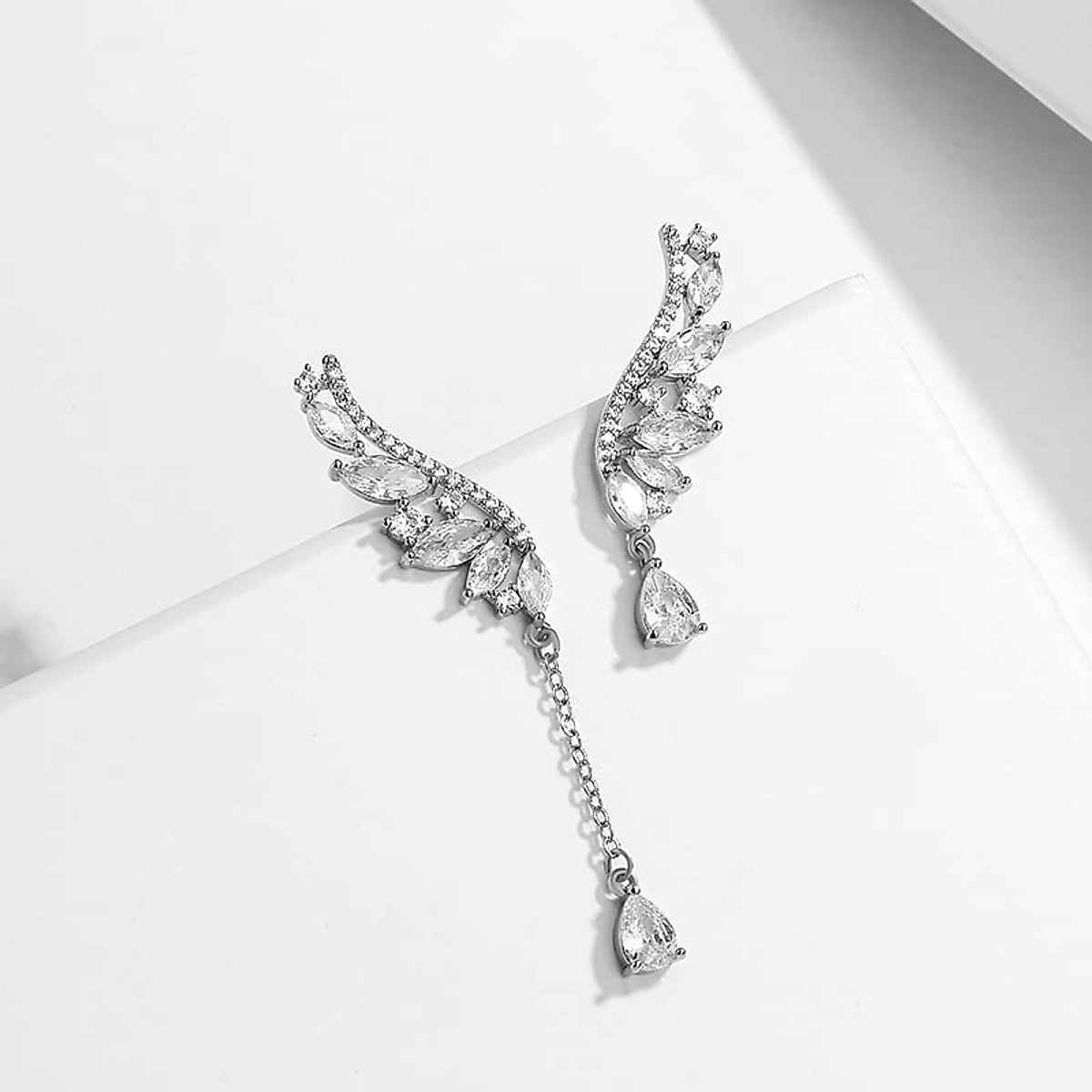 Angel's Wings Cubic Zirconia Earrings for Women, Asymmetrical Teardrop Crystal Long Drop Dangle Ear Climbers Wedding Earring for Bridesmaids Brides,Elegant Rhinestone Pretty Birthday Party Prom Gifts