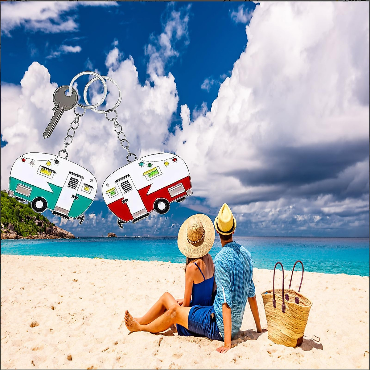 TrustBlai 2 Pack Camper Keychain Set Happy RV Camper Keyring Couples Camping Accessories for Men Women Camper Travel Trailers (red+green)